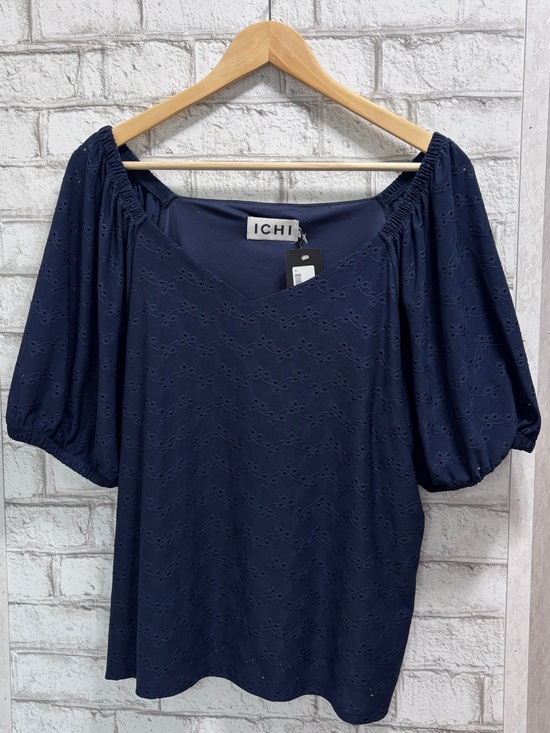 ICHI | Tops | Ichi Navy Eyelet Puff Sleeve Blouse | Poshmark